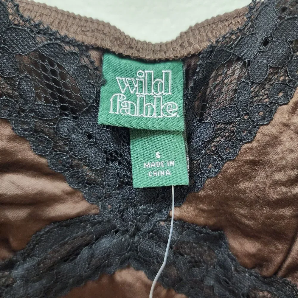 wild fable | Dresses | Chocolate Brown Satin Babydoll Lace Trim Slip ...